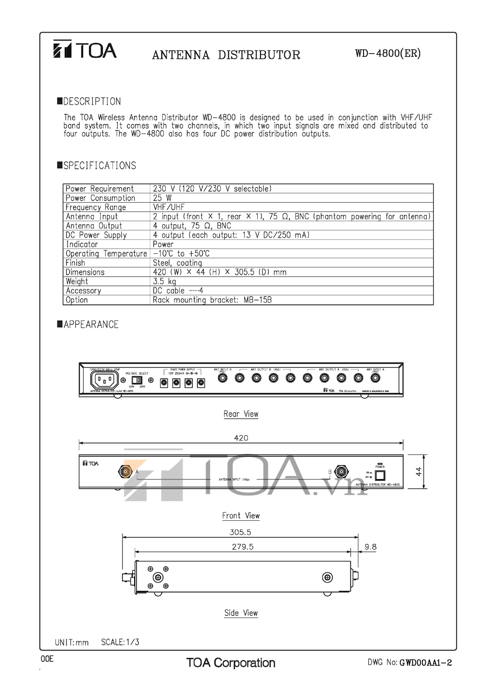 BO CHIA NGUON KHONG DAY UHF TOA WD 4800, BO CHIA NGUON TOA WD 4800, TOA ...