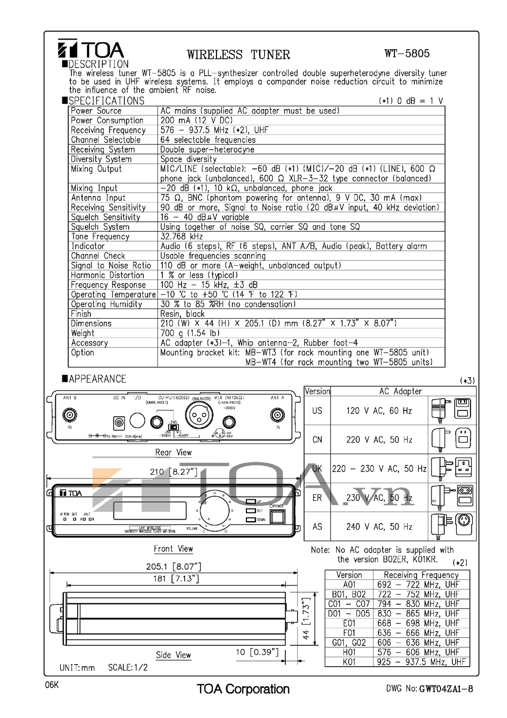 KHOI THU KHONG DAY UHF TOA WT 5805, KHOI THU UHF TOA WT 5805, TOA WT 5805