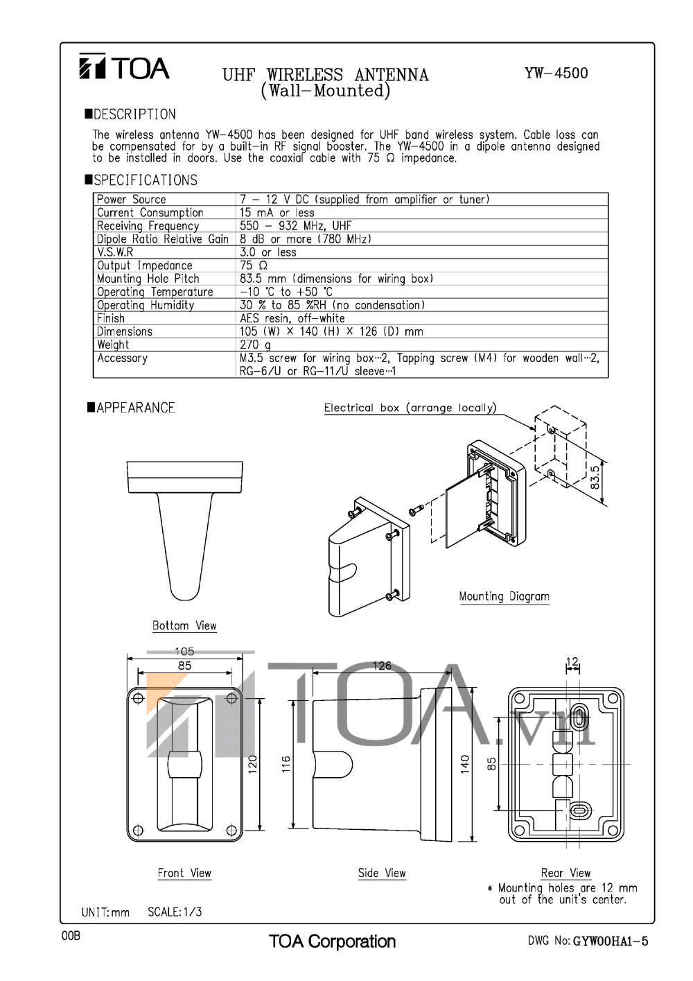 ANGTEN KHONG DAY UHF TOA YW 4500, ANGTEN TOA YW 4500, TOA YW 4500