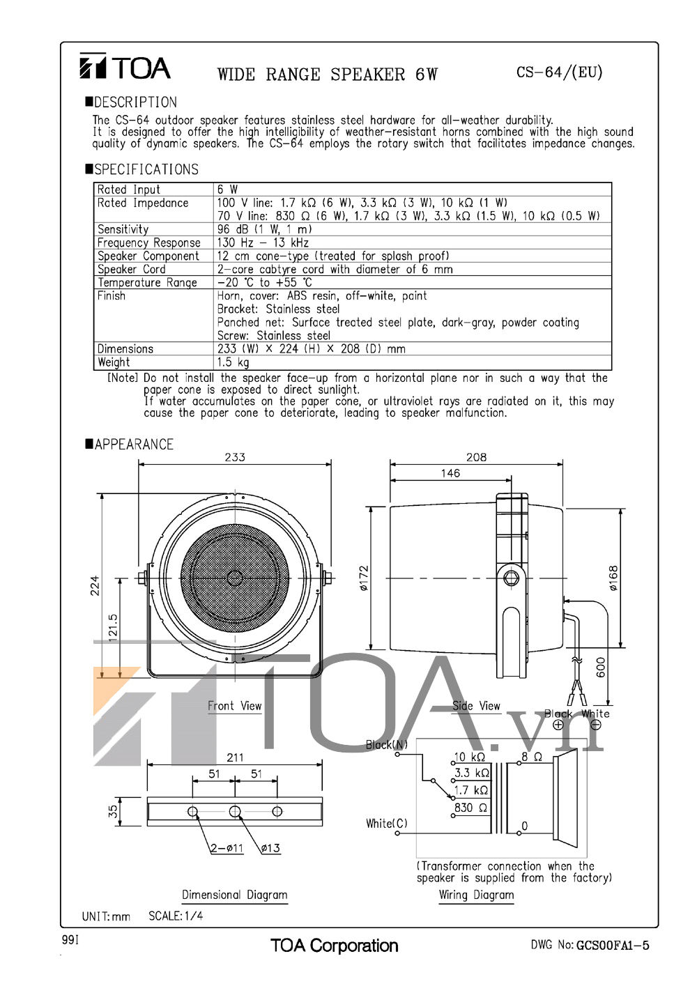 LOA NEN DAI RONG CHONG NUOC TOA CS 64, LOA NEN TOA CS 64, TOA CS 64