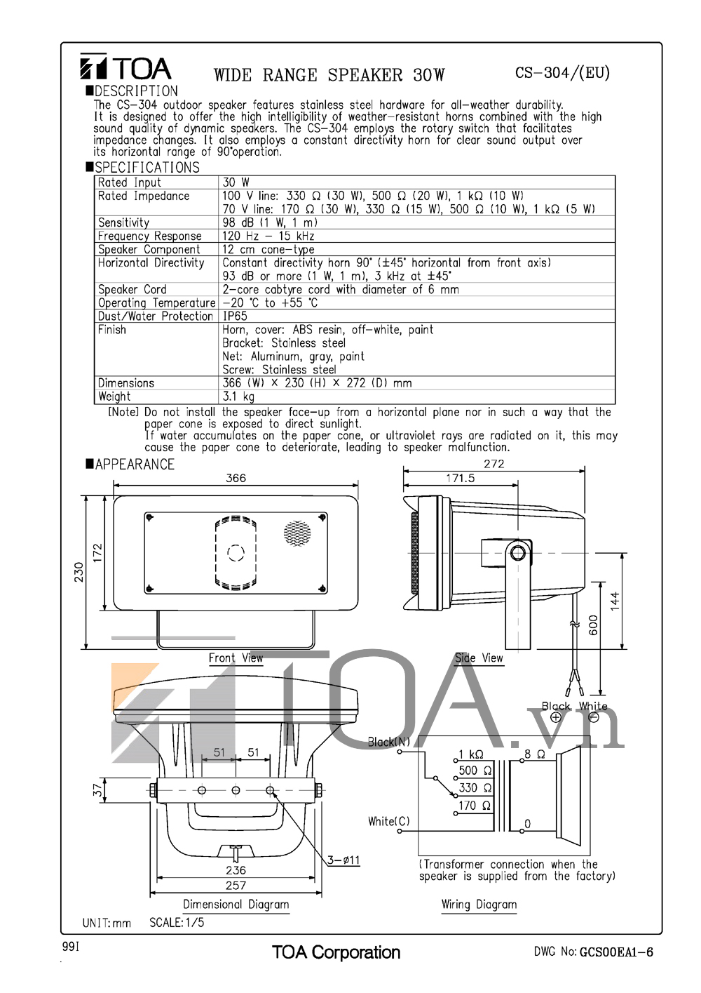 LOA NEN DAI RONG CHONG NUOC TOA CS 304, LOA NEN TOA CS 304, TOA CS 304