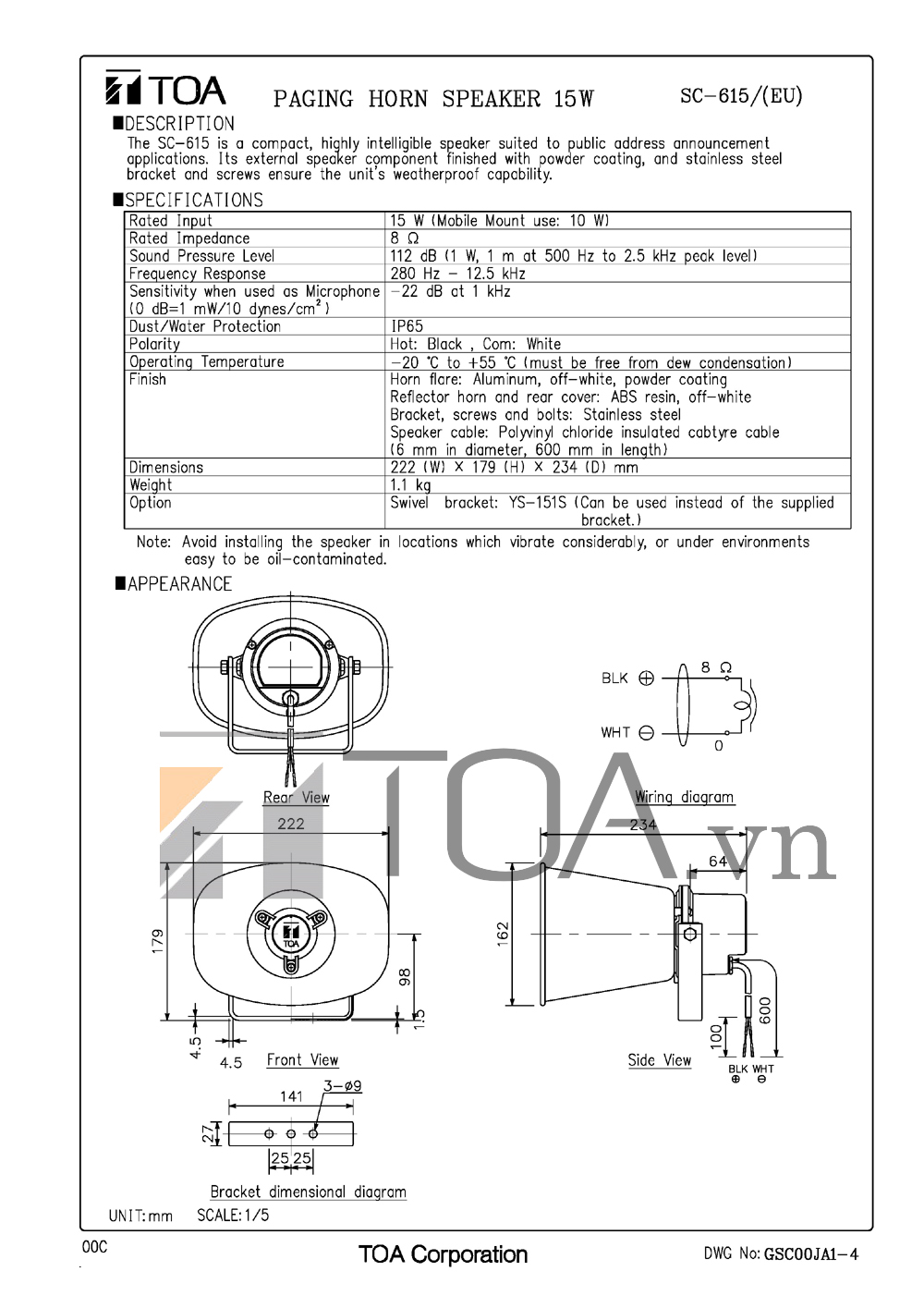 TOA SC-615 : Loa phóng thanh 15w , Loa nén trở kháng thấp