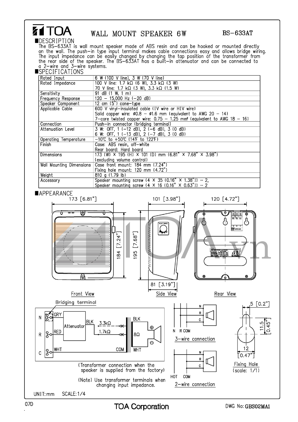 LOA HOP TREO TUONG TOA BS 633AT, LOA HOP TOA BS 633AT, LOA TOA BS 633AT