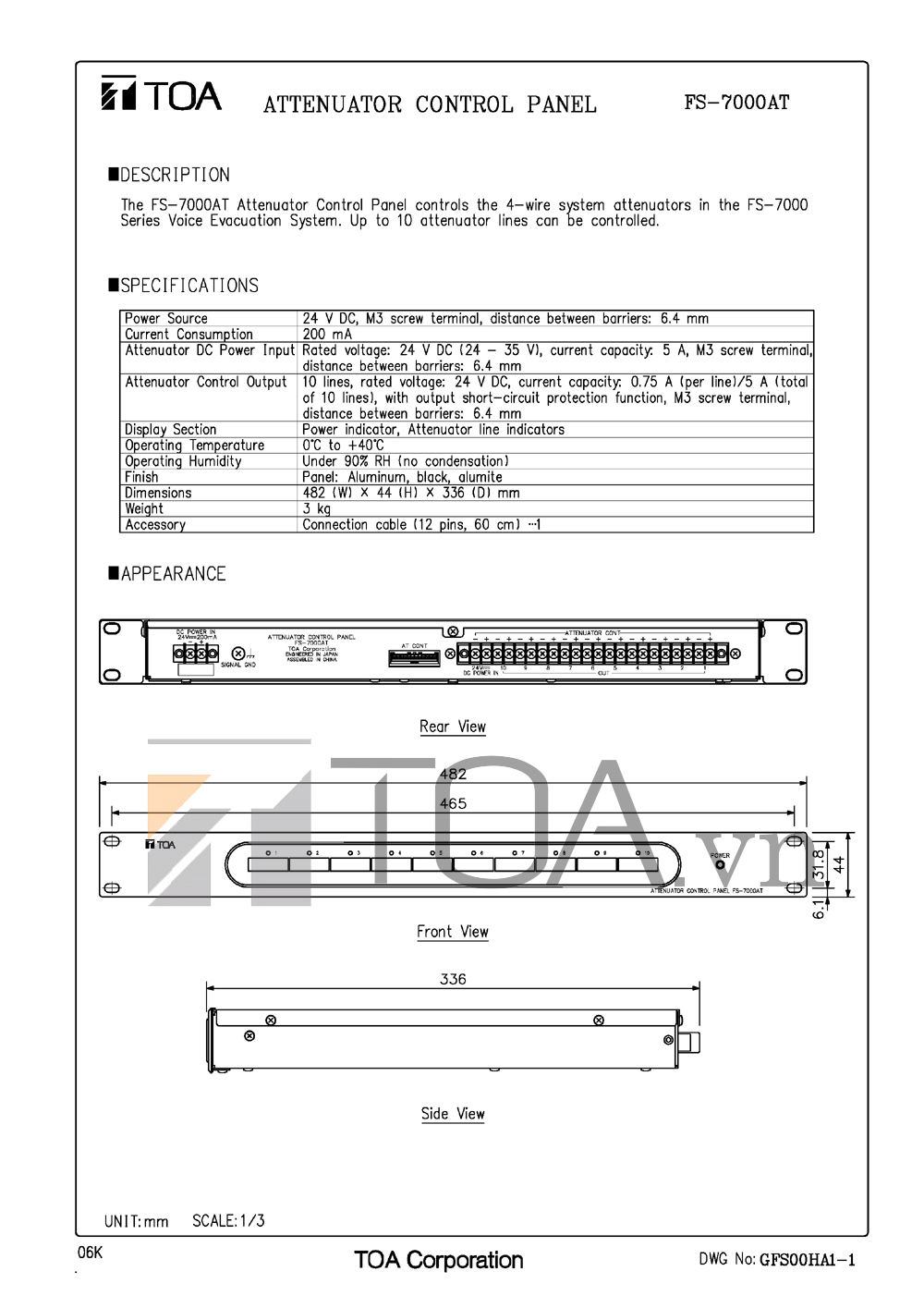 BẢNG ĐIỀU CHỈNH ÂM LƯỢNG TOA FS-7000AT, BANG DIEU CHINH TOA FS-7000AT