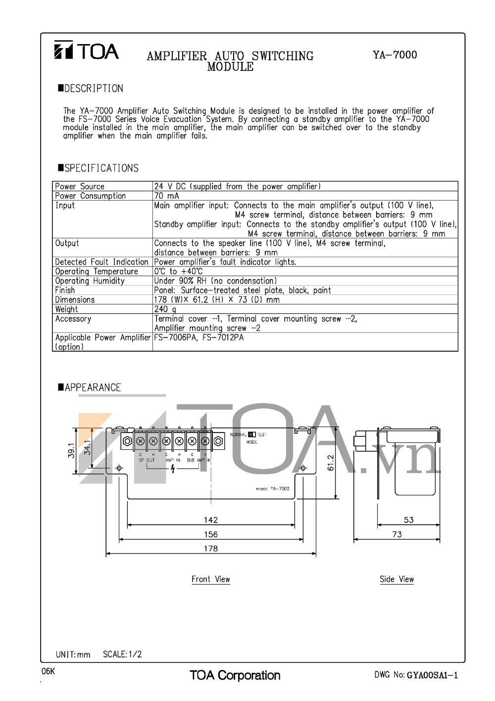 MODUL LỰA CHỌN TĂNG ÂM TOA YA-7000, MODUL TANG AM TOA YA-7000, TOA YA-7000