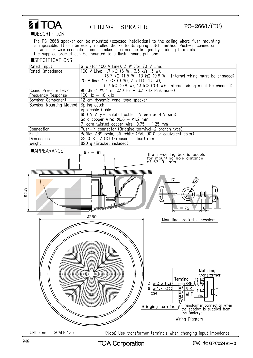 Loa gắn trần nổi 6W TOA PC-2668