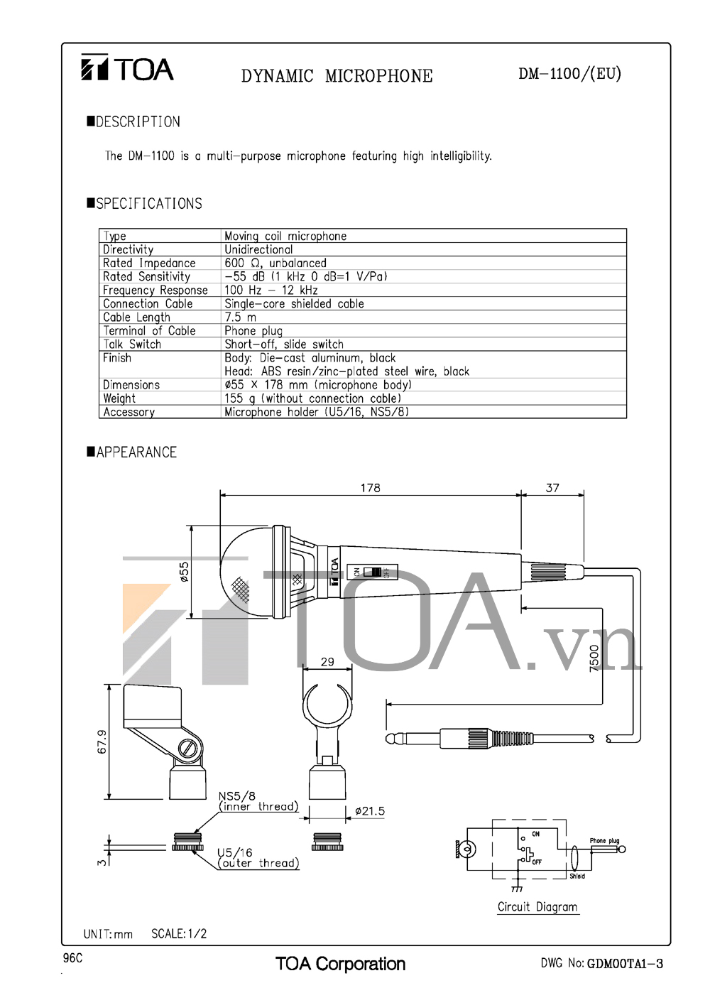 MICRO DIEN DONG CAM TAY TOA DM 1100, MICRO TOA DM 1100, MICRO DM 1100